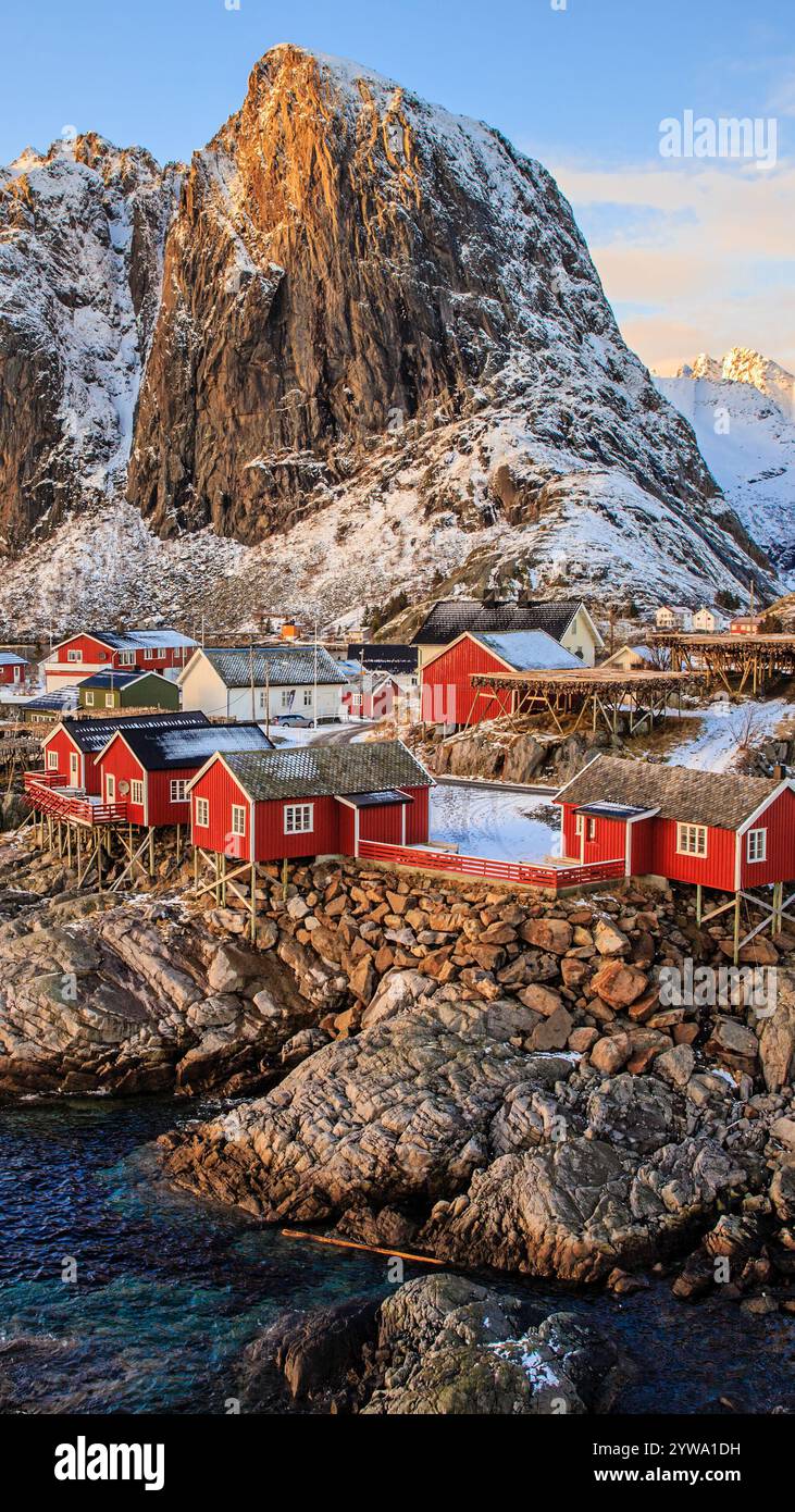 A winter sunrise over the Lofoten Islands in The Reine village features ...