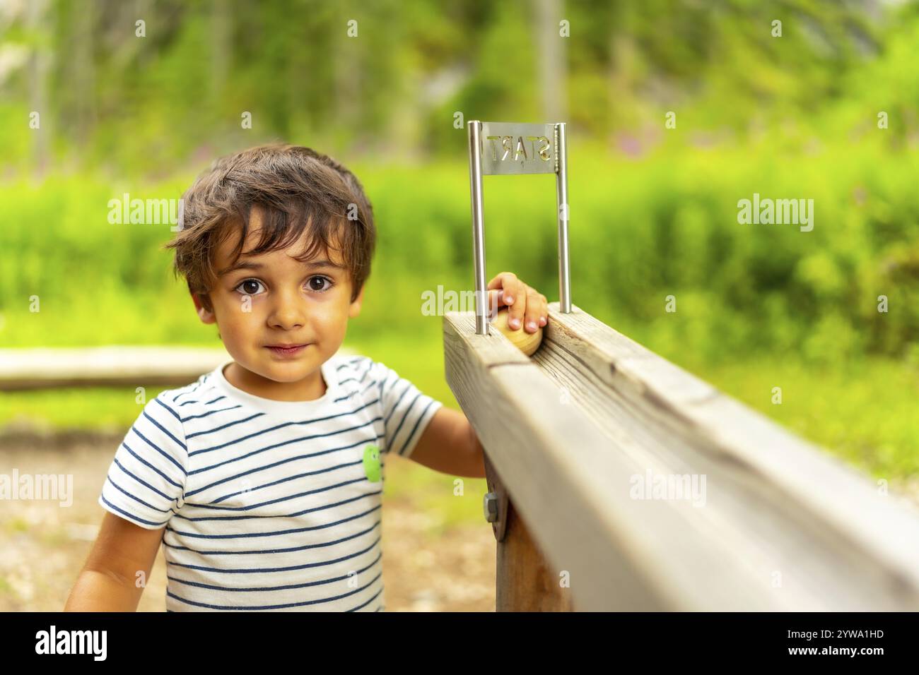 Young boy starting a ball on a wooden track marked with start, enjoying ...
