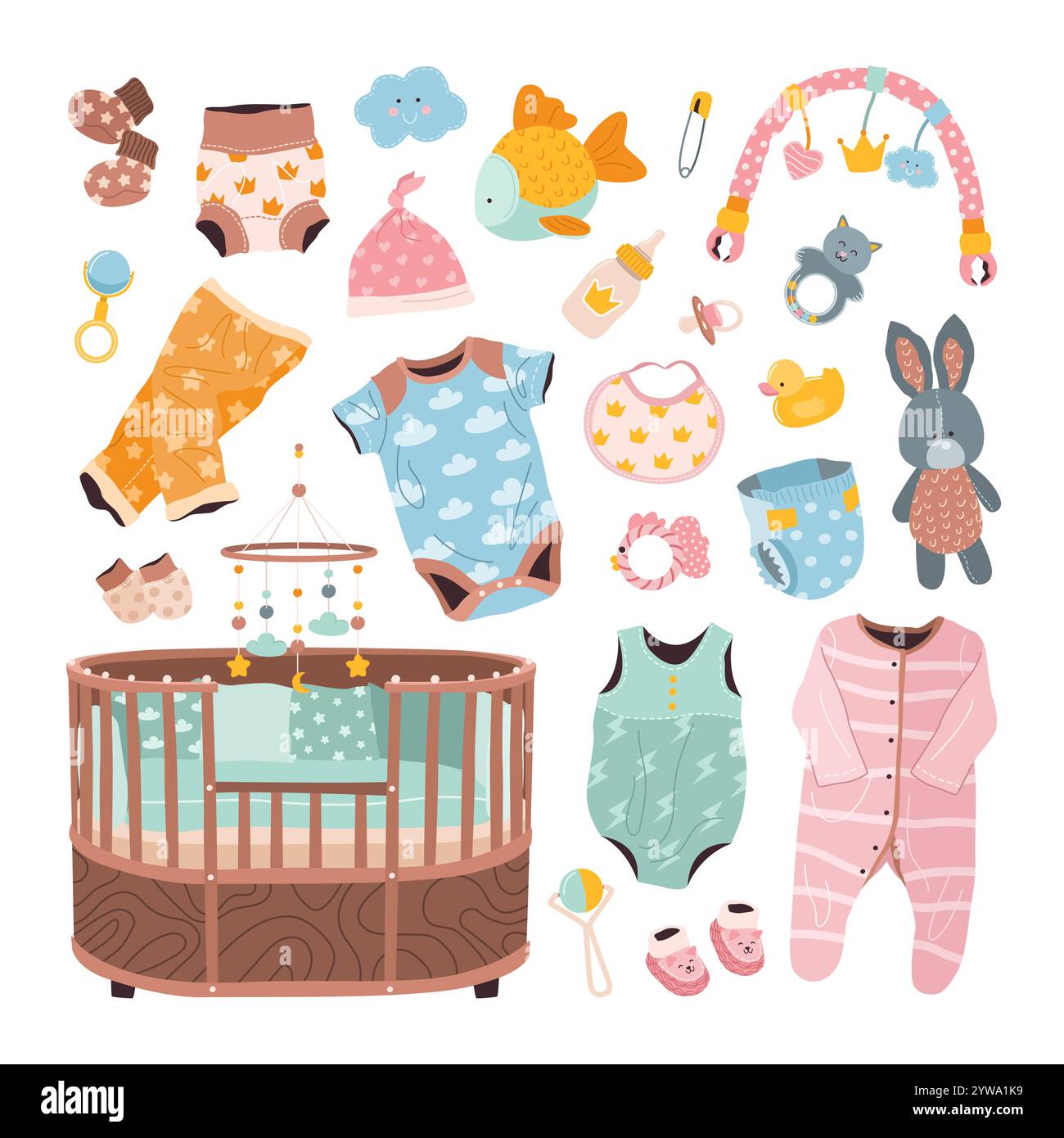 Newborn baby items set. Isolated clothes and toys Stock Vector Image ...