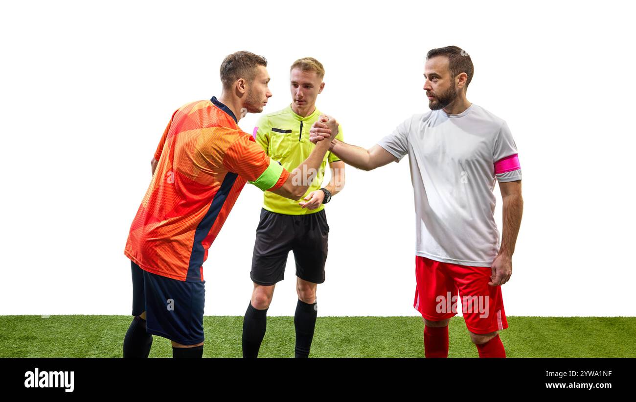 Two serious men, soccer players from opposite team, standing next to ...