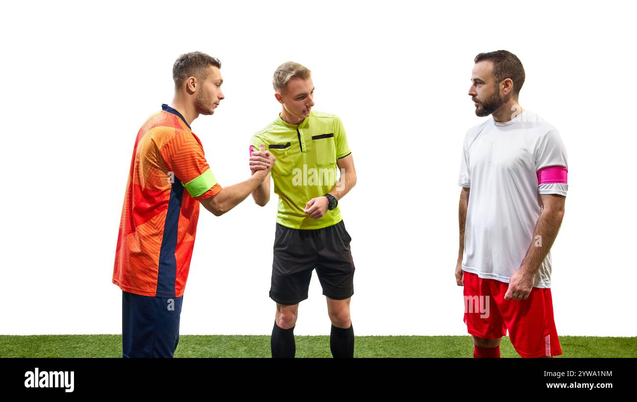 Players and referee shaking hands after match, symbolizing ...