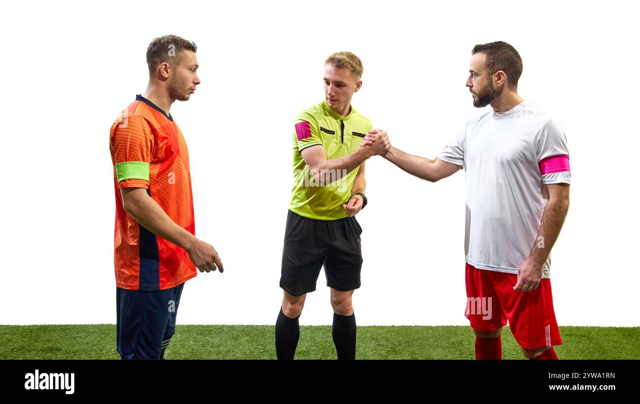 Players and referee shaking hands after match, symbolizing ...