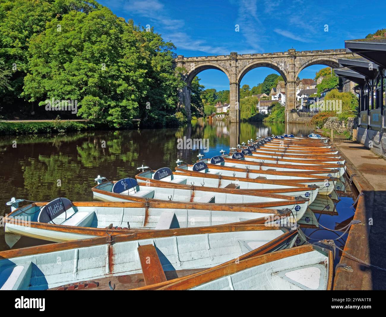 UK, North Yorkshire, Knaresborough Viaduct, Rowing Boats and River Nidd ...