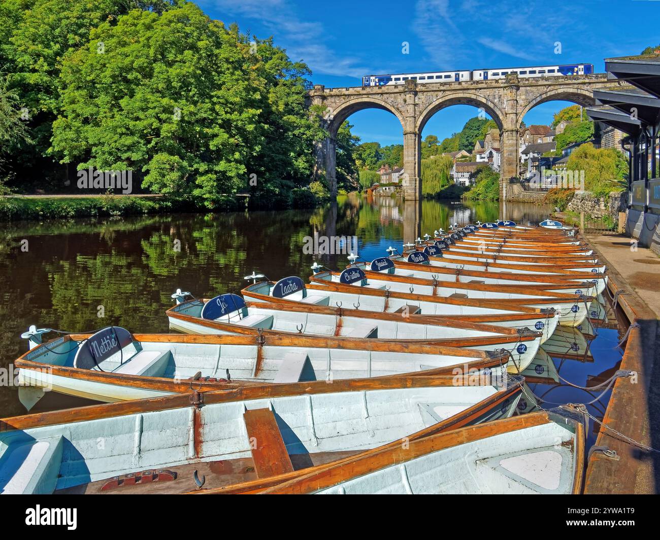 UK, North Yorkshire, Knaresborough Viaduct, Rowing Boats and River Nidd ...