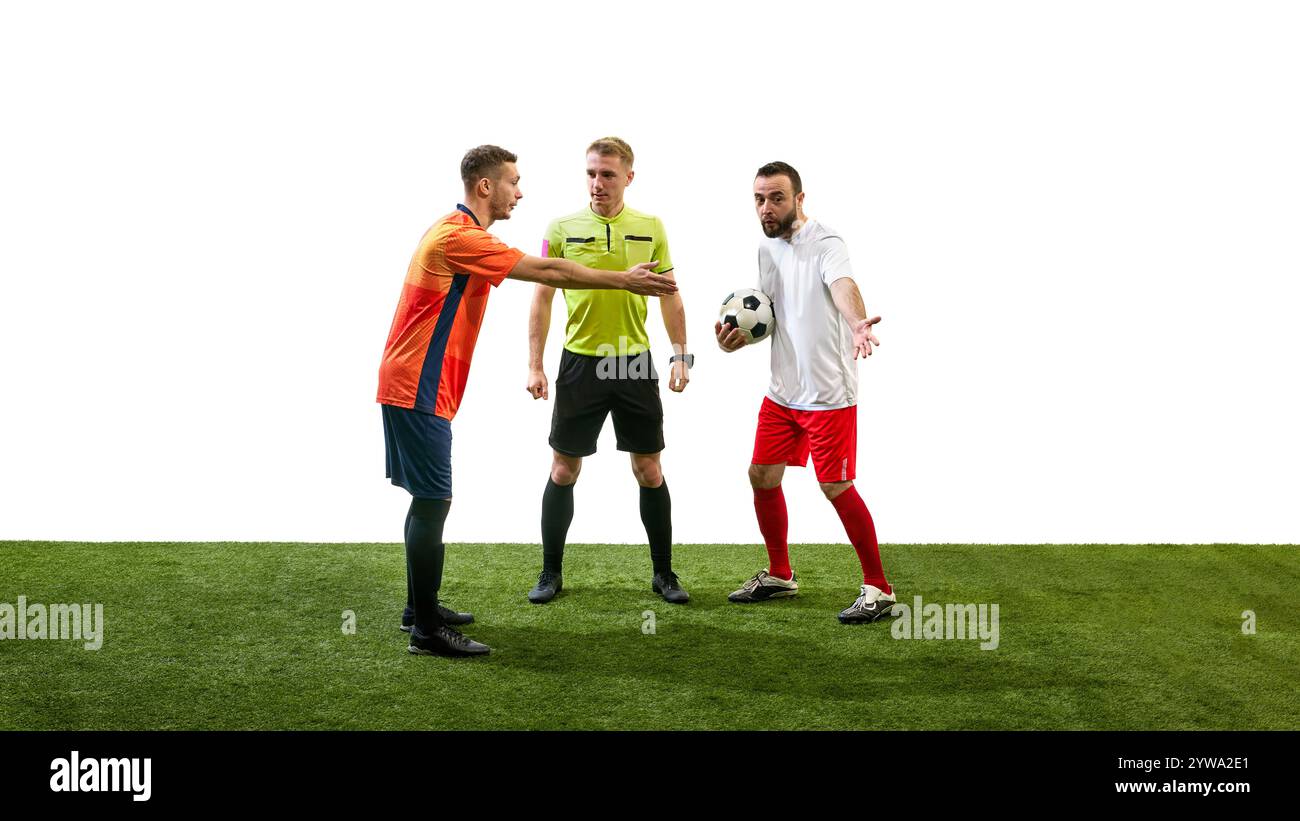 Referee standing between two arguing man, soccer players from opposite ...