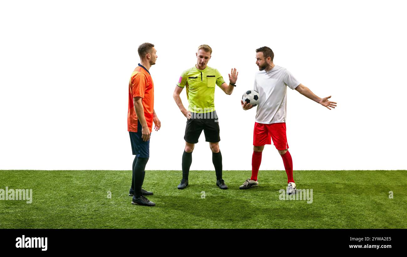 Referee standing between two arguing man, soccer players from opposite ...