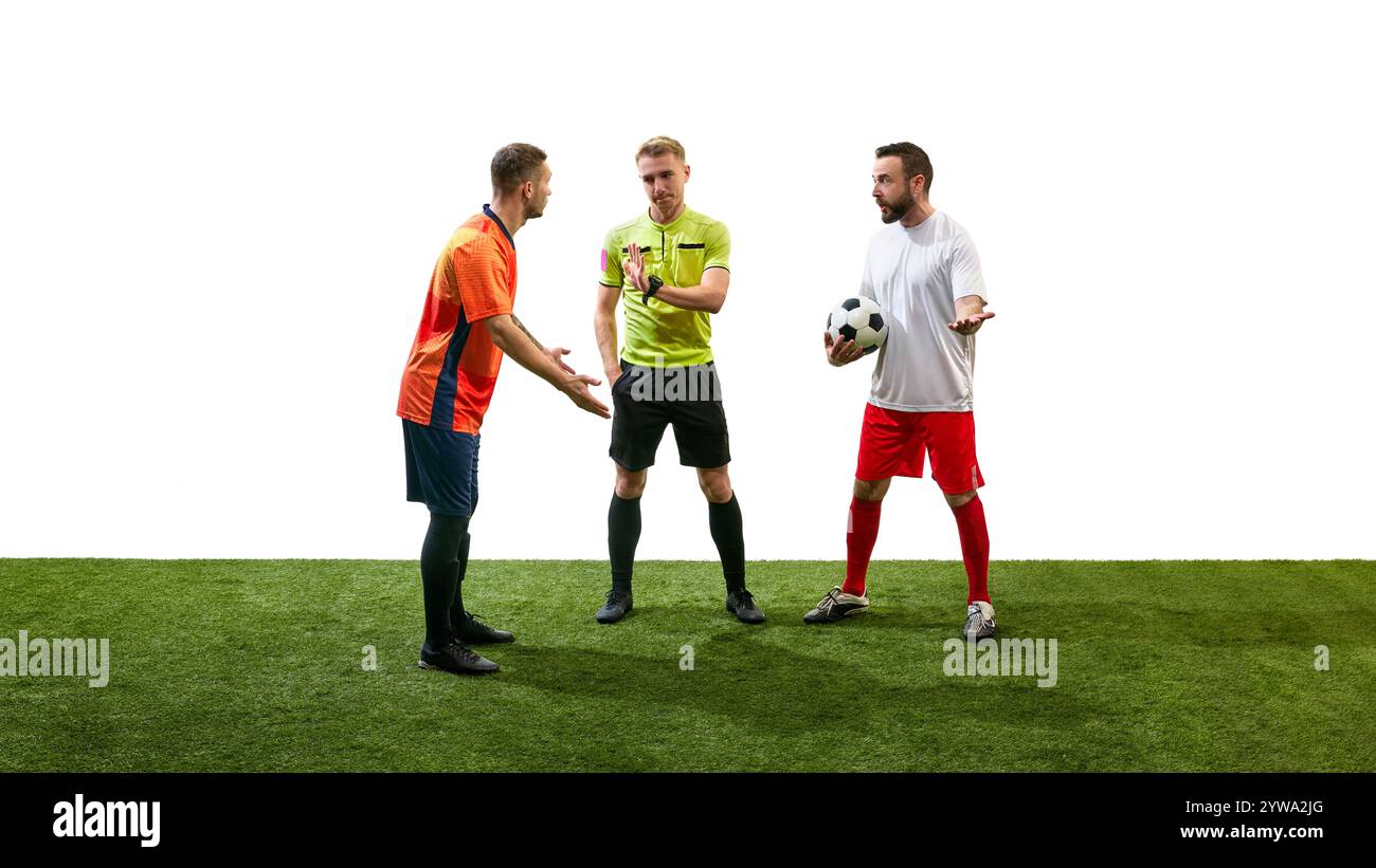 Referee standing between two arguing man, soccer players from opposite ...