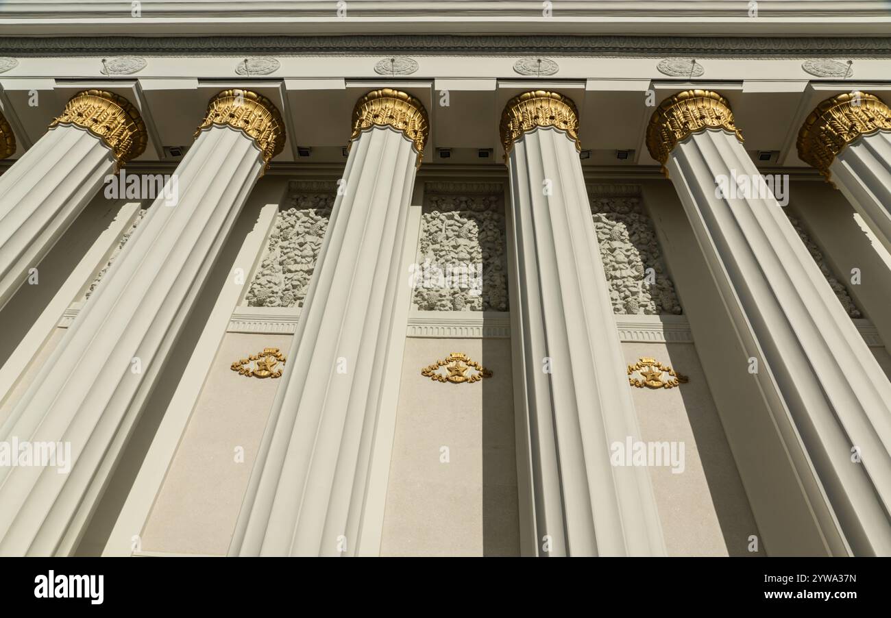 Tall, massive columns of a vintage, old building. Bottom-up view Stock ...