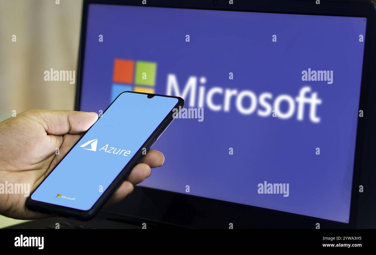Smart phone with the Microsoft Azure logo, is a cloud service offered ...