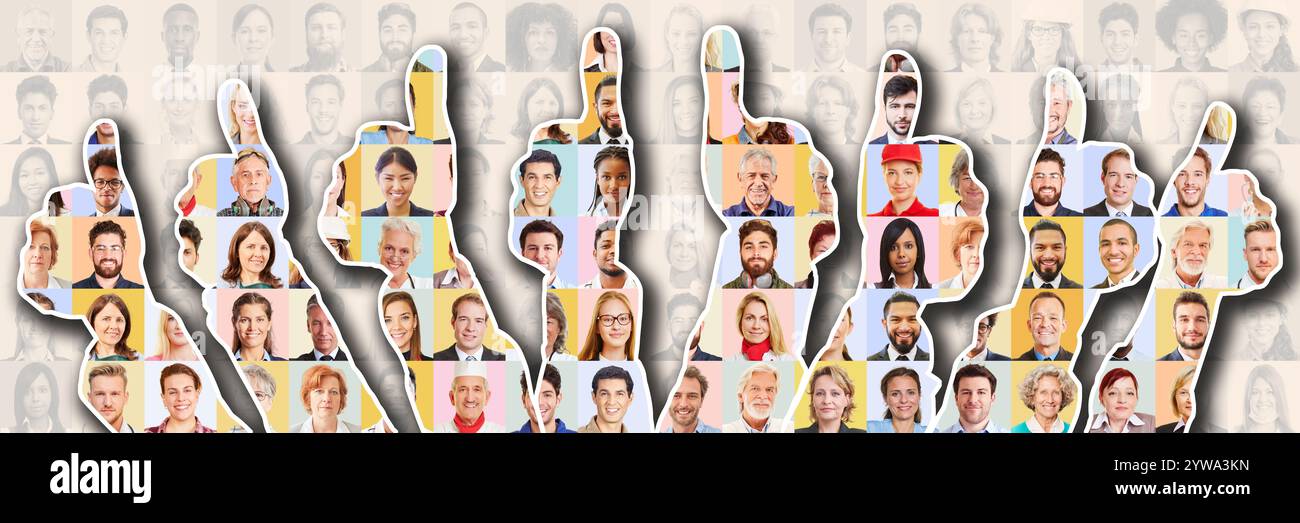 Thumbs up silhouettes in front of portraits of many different ...