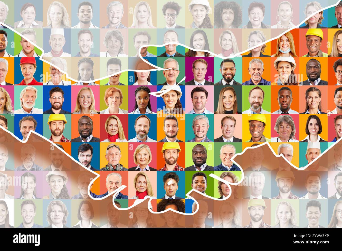 Handshake silhouette in front of portraits of employees from many ...