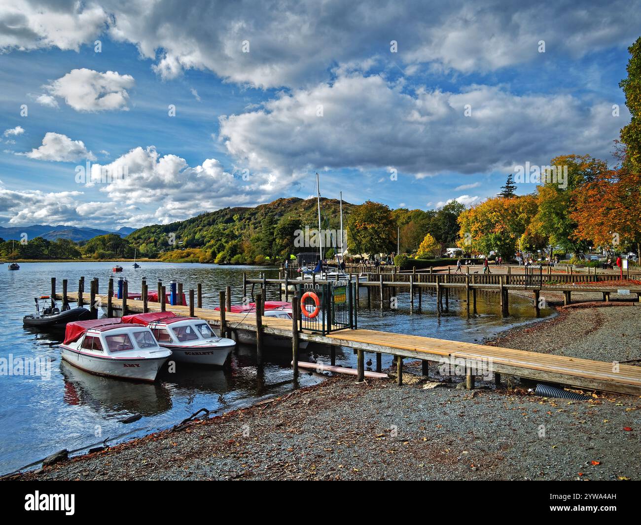 UK, Cumbria, Lake District, Ambleside, Waterhead Boat Jetty's on Lake ...