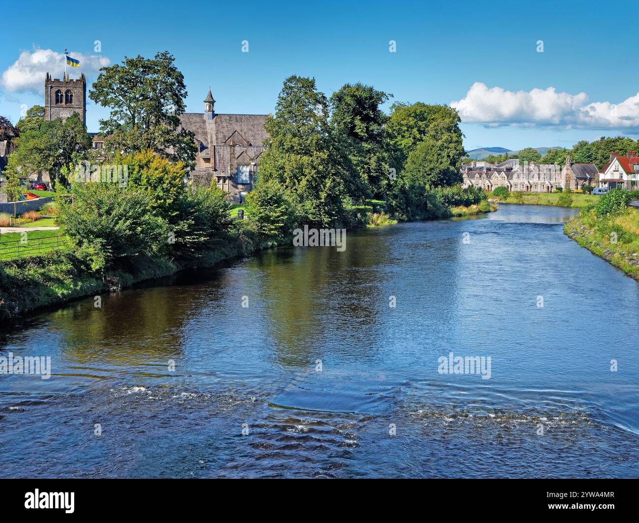 UK, Cumbria, Kendal, River Kent and Kendal Parish Church Stock Photo ...
