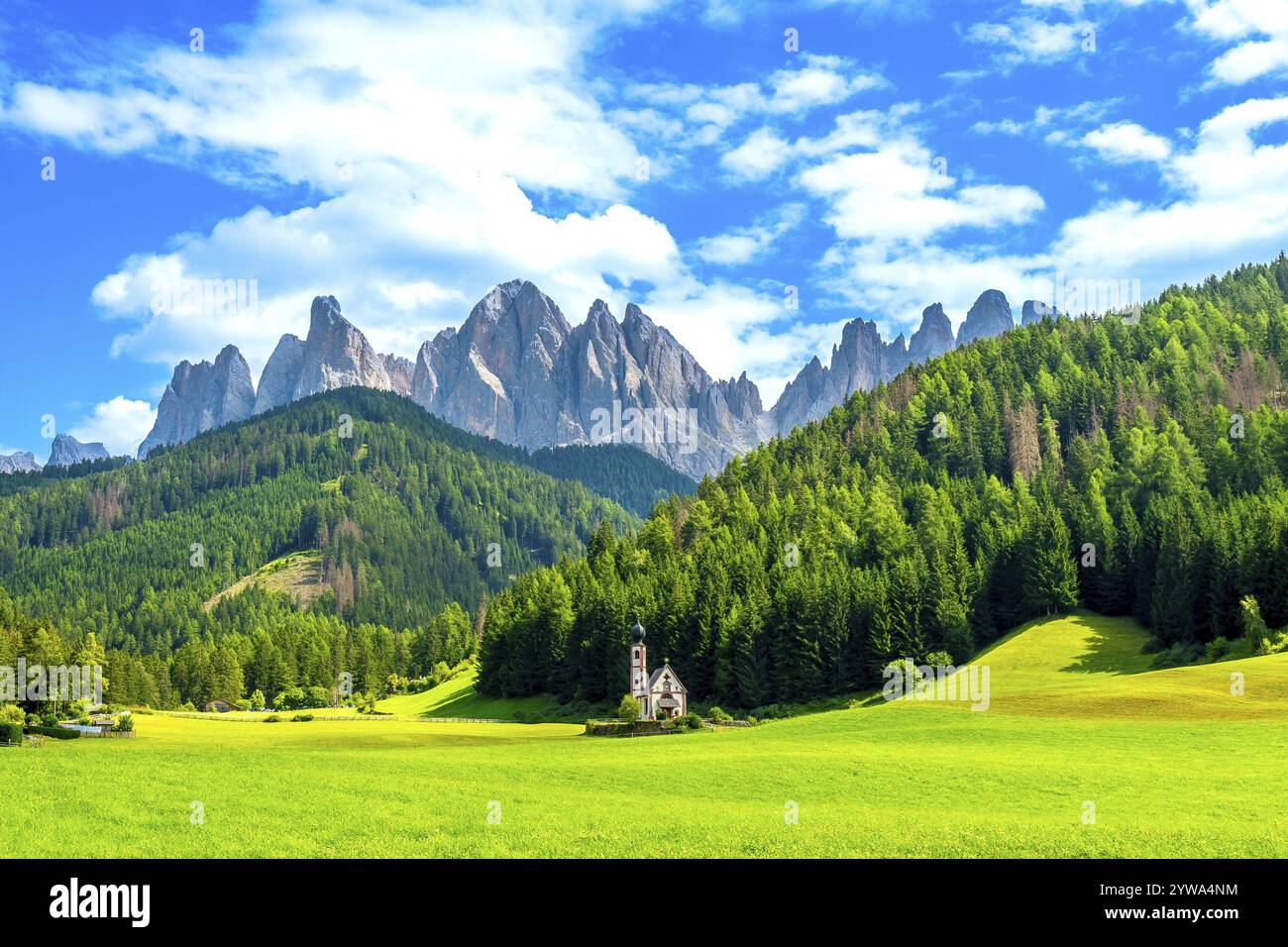 Scenic summer view of the idyllic alpine valley of val di funes with st ...