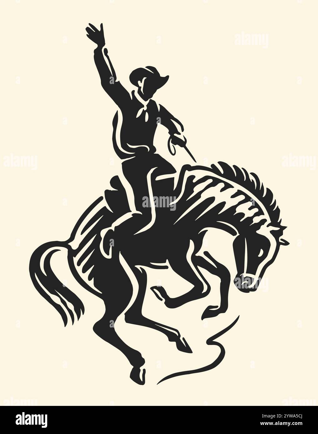 Hand drawn cowboy riding wild horse in motion during rodeo event ...