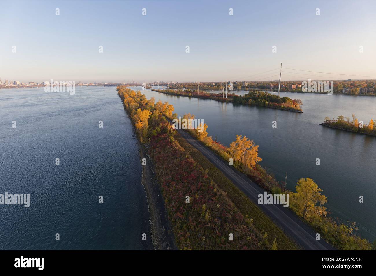 Saint Lawrence Seaway in autumn, bike lane, shipping channel, South ...