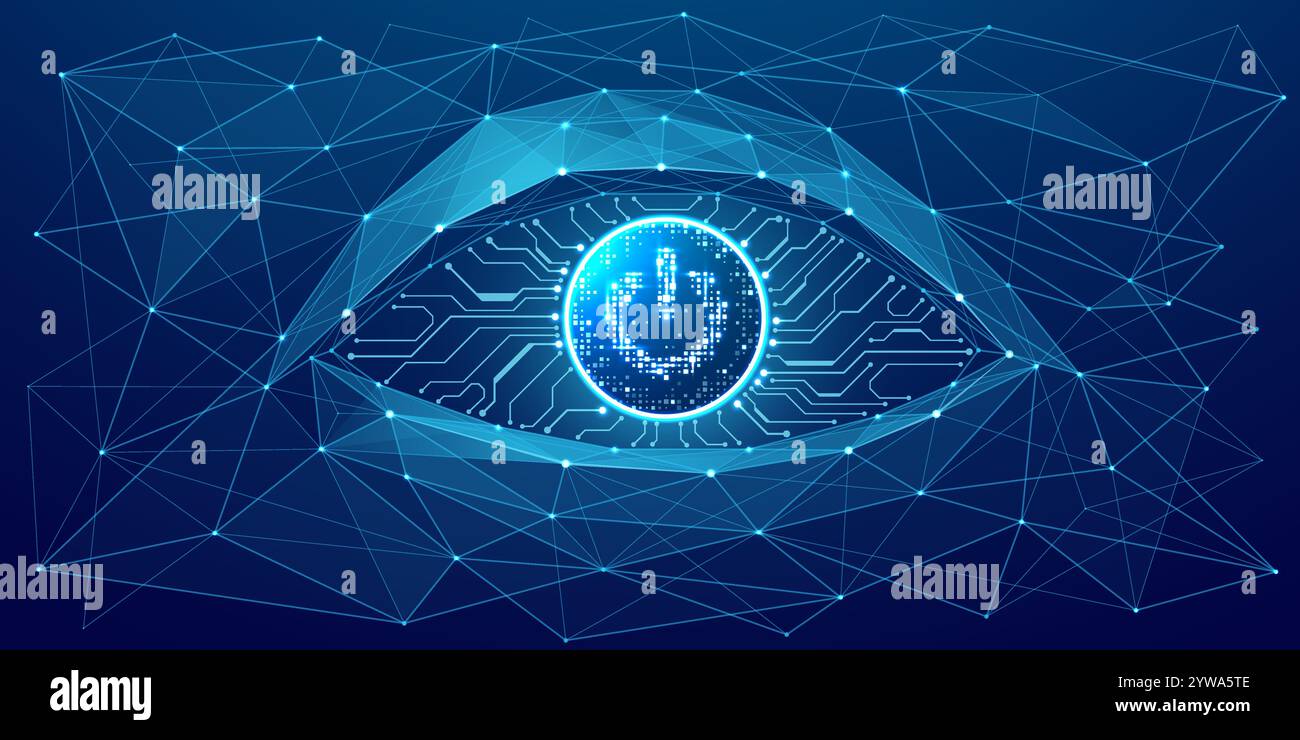 Technology eye with a circle Power button with neon circuit wires Stock ...