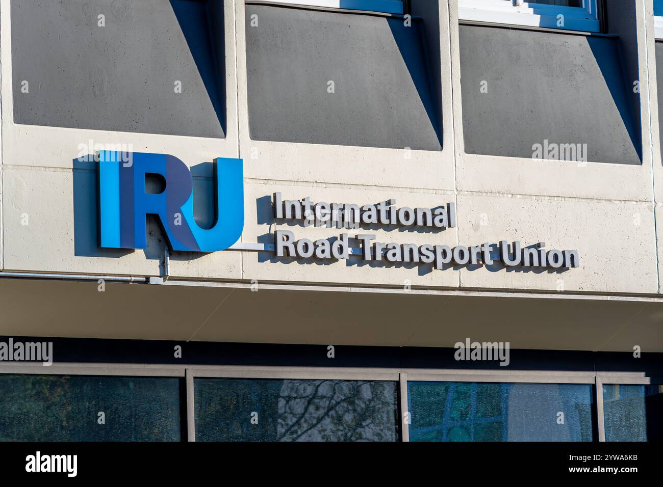 Sign and logo on the headquarters of the International Road Transport ...