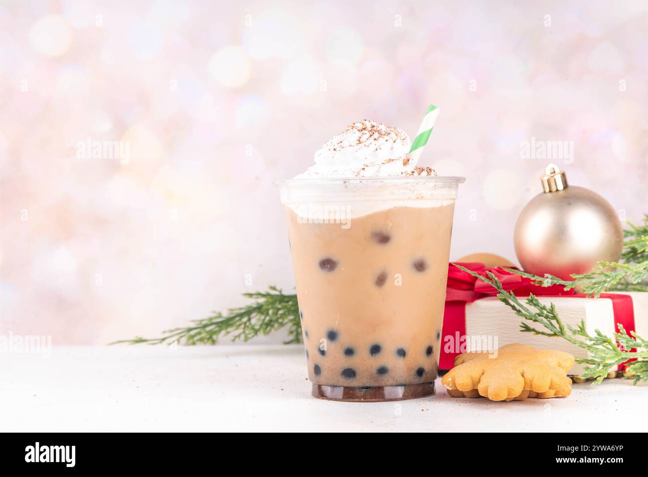 Christmas cafes menu background, iced festive Gingerbread boba tea ...