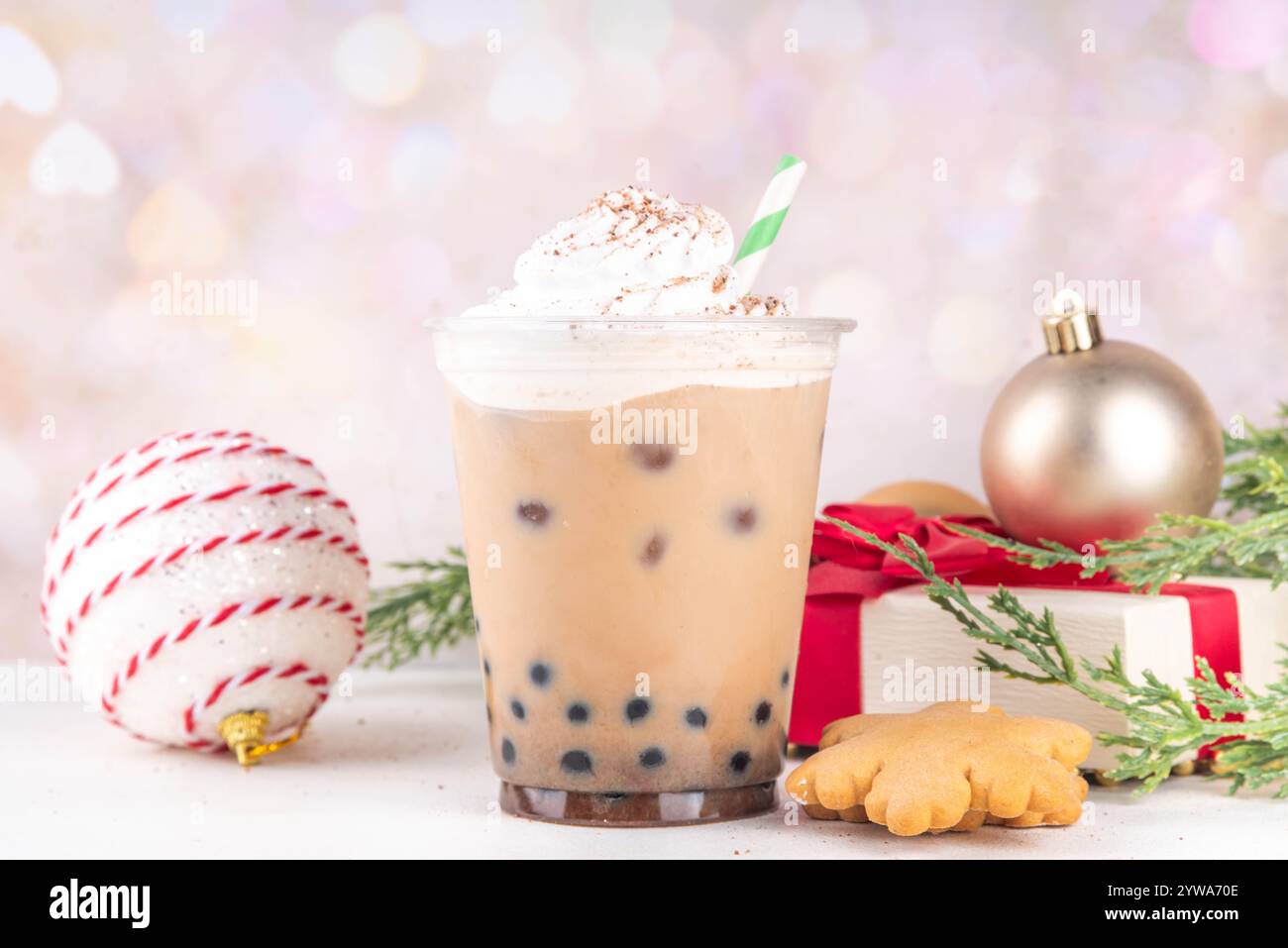 Christmas cafes menu background, iced festive Gingerbread boba tea ...