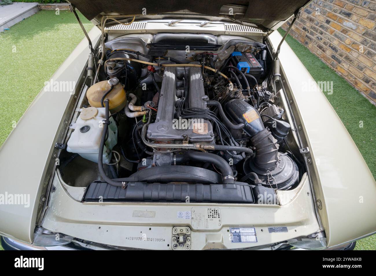 Engine in a 1982 R107 Mercedes 280SL classic German sports car with ...