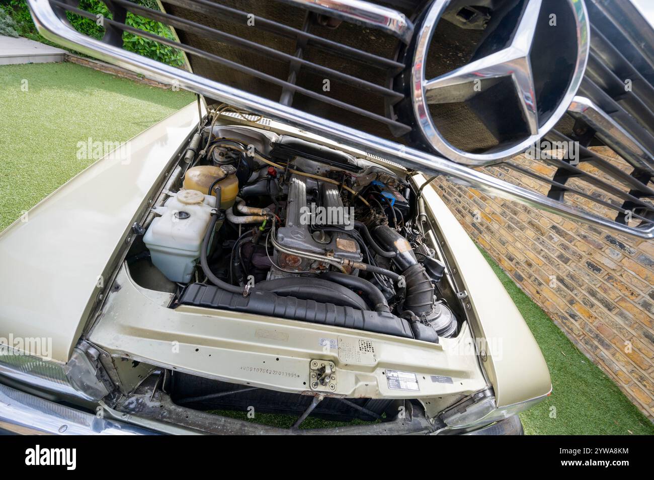 Engine in a 1982 R107 Mercedes 280SL classic German sports car with ...