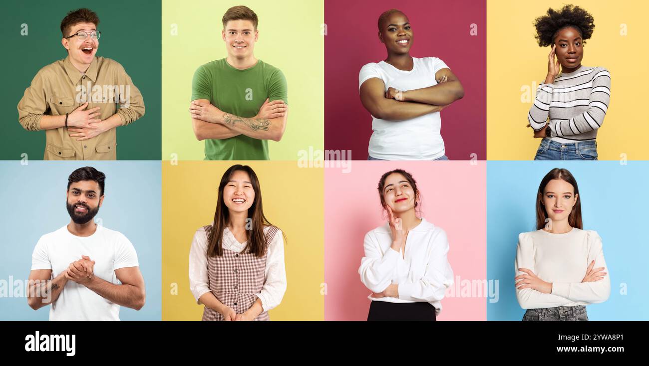 Collage made of portrait of different young people, men and women of ...