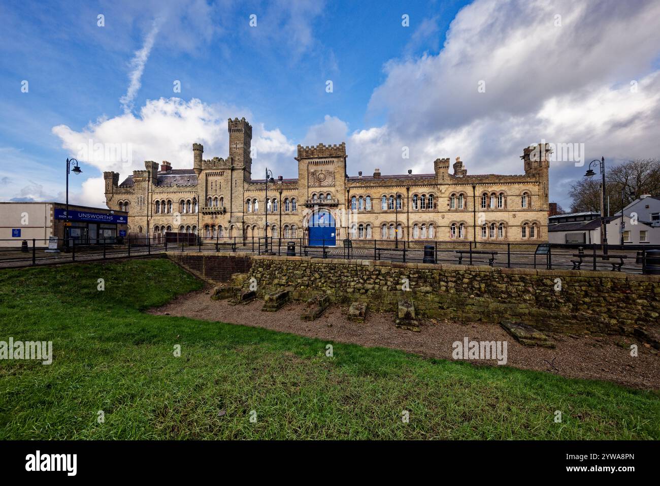 Bury Armoury stands above the ruins of Bury Castle, Lancashire, England ...