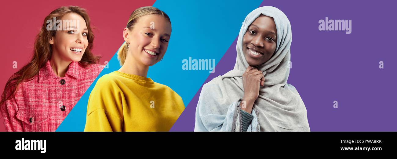 Collage made of portrait of three young women of different nationality ...
