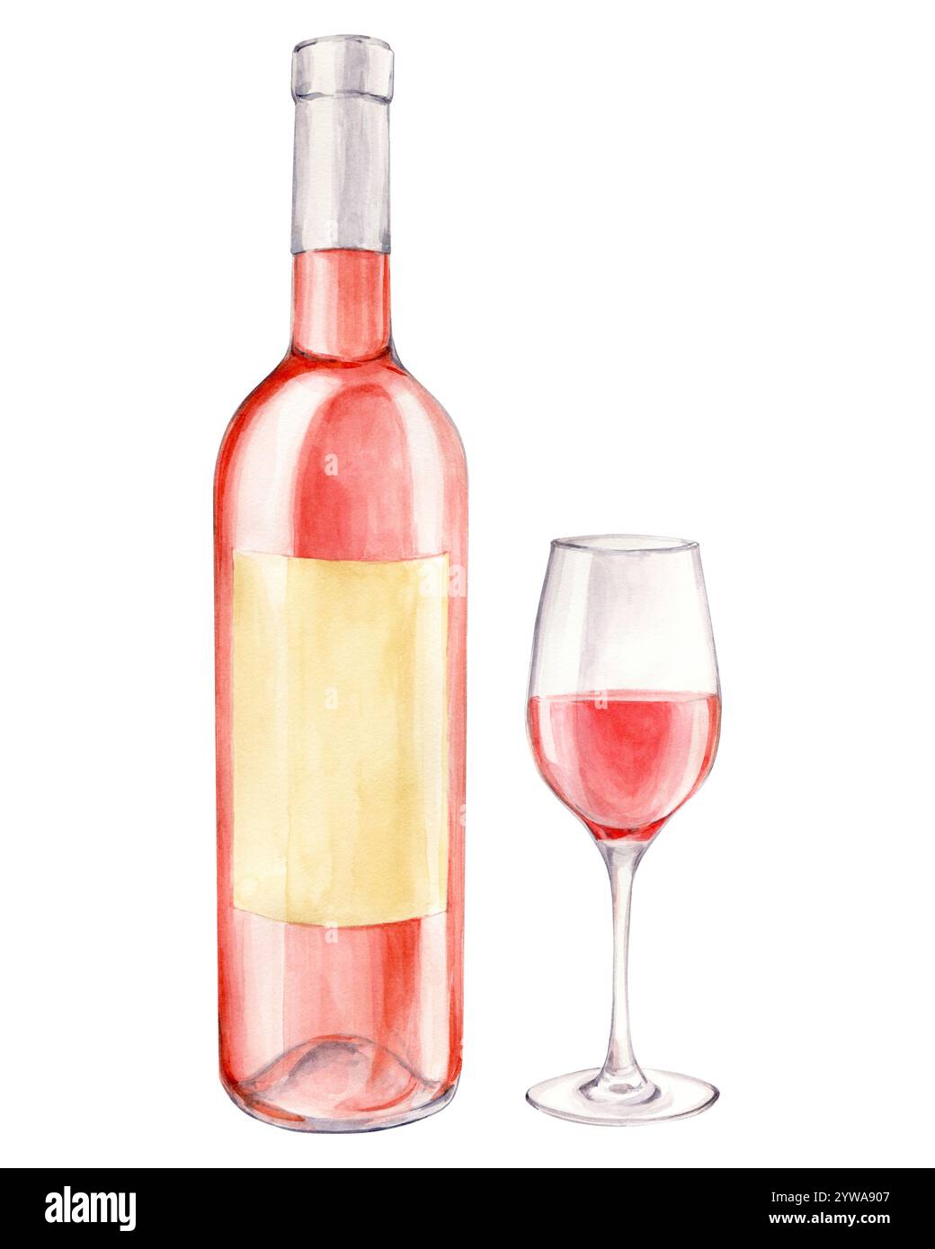 Realistic watercolor illustration of a bottle and a glass of rose wine ...