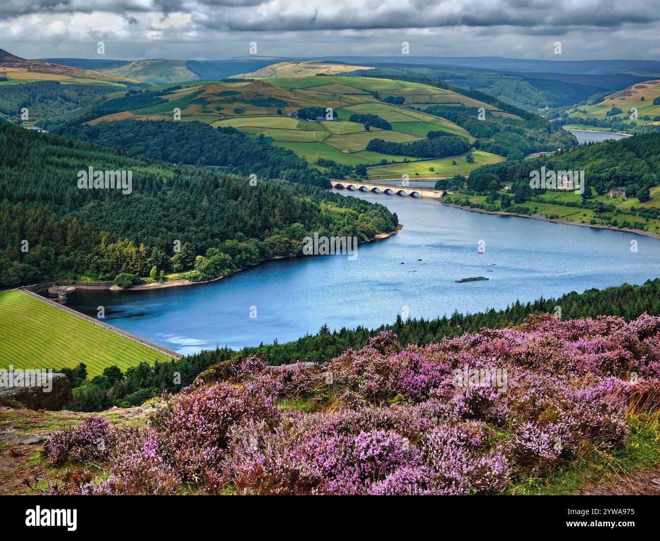 UK, Derbyshire, Peak District, Ladybower Reservoir from Bamford Edge ...