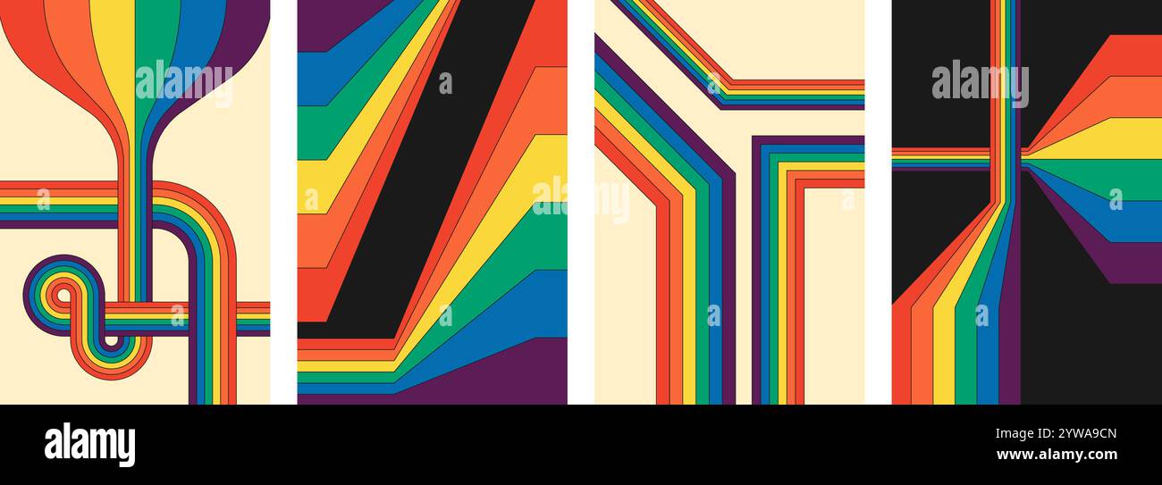 Vintage 1970s posters with rainbow-toned geometric lines. Abstract groovy striped patterns in ...