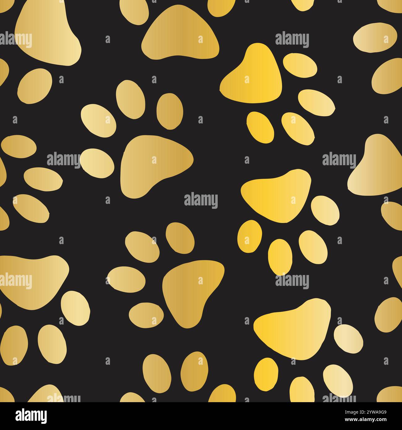 Cute Gold cat paw prints on black seamless vector pattern background ...