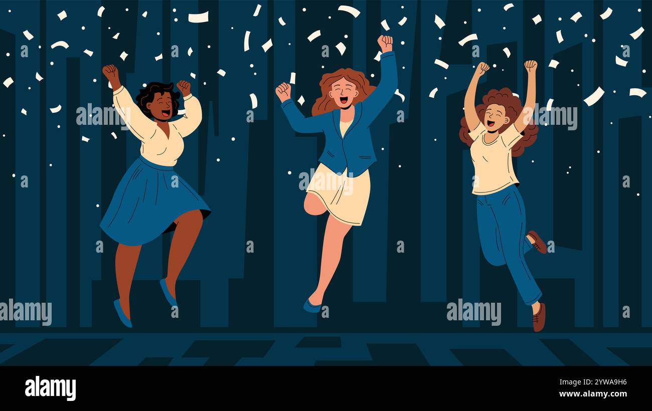 Cheerful group of friends celebrating and jumping in a lively festive ...