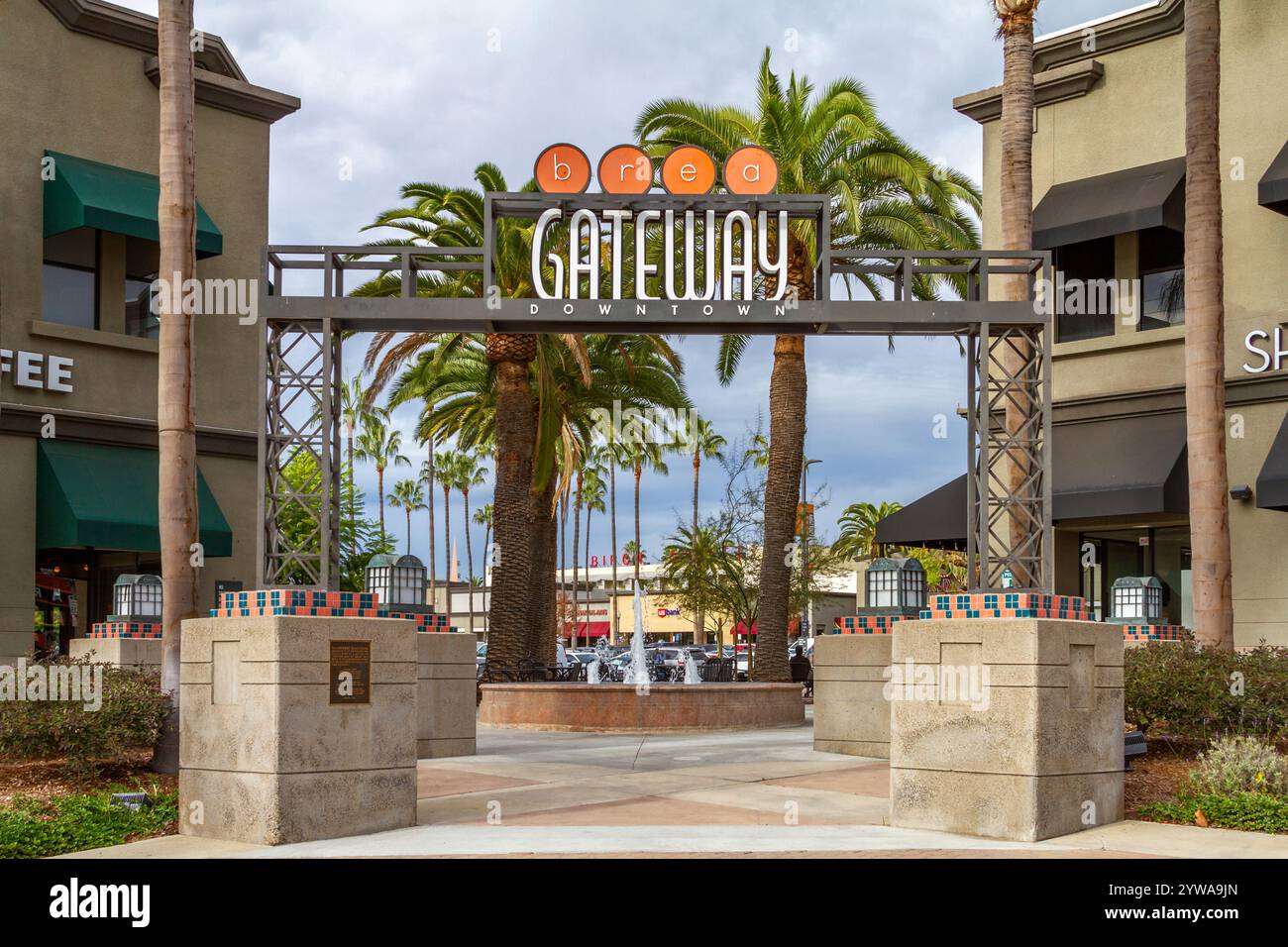 Brea, CA, USA - November 25, 2024: Street entrance to the Brea Gateway shopping center signage ...