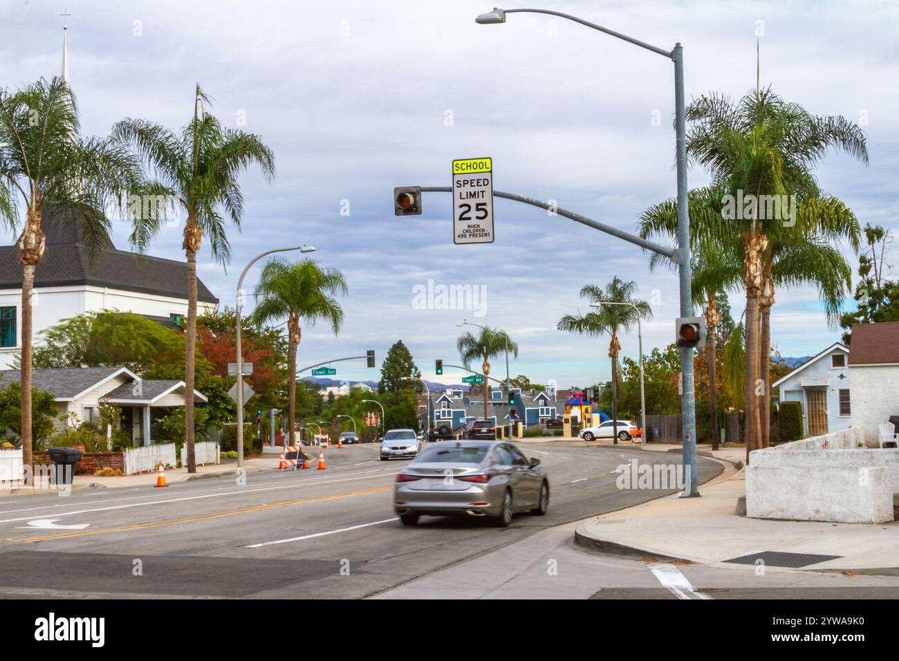 Brea, CA, USA - November 25, 2024: A car passing a school speed limit ...