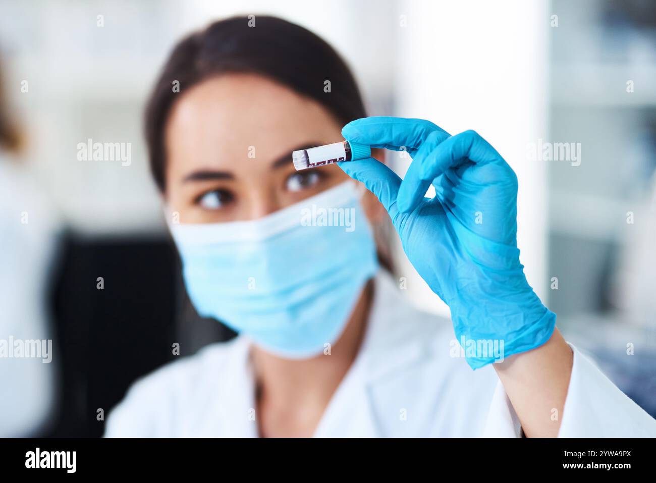 Cure, research and woman with mask, sample for enzyme test and forensic ...