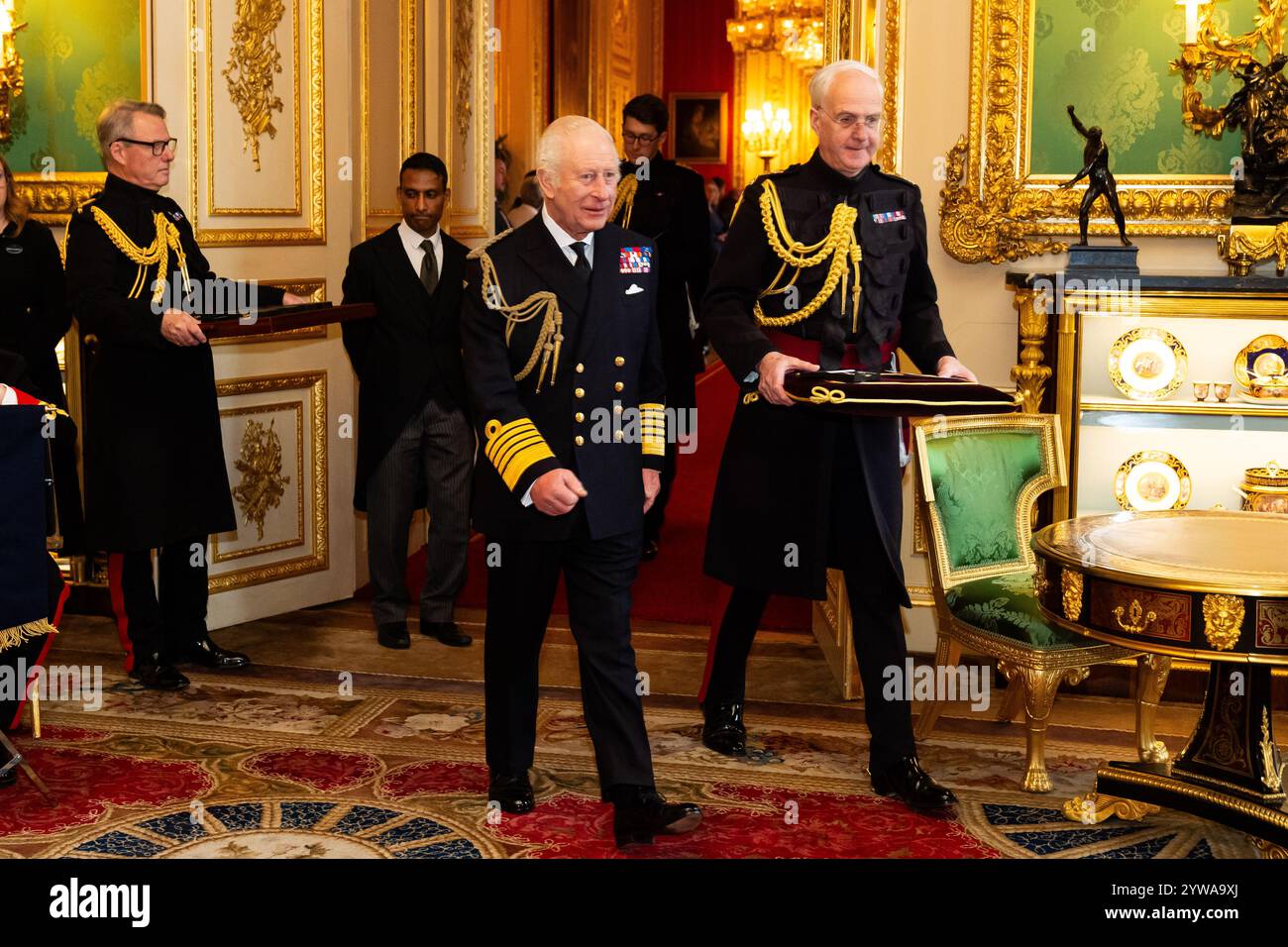 King Charles III during the inaugural presentation ceremony at Windsor Castle, Berkshire. The ...