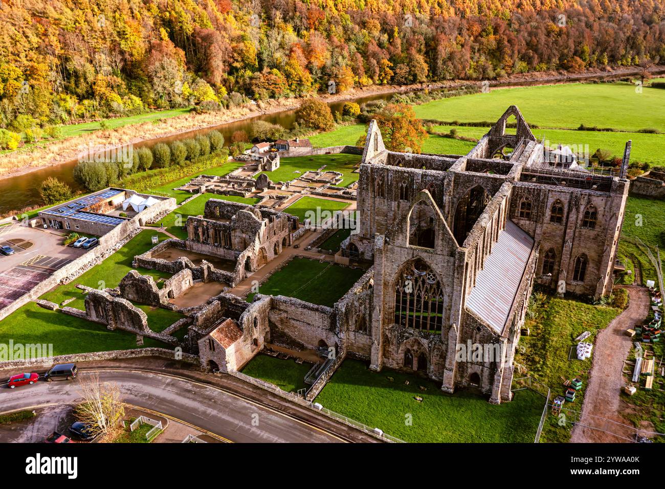 Aerial view of the ruins of a 12th century Abbey surrounded by ...