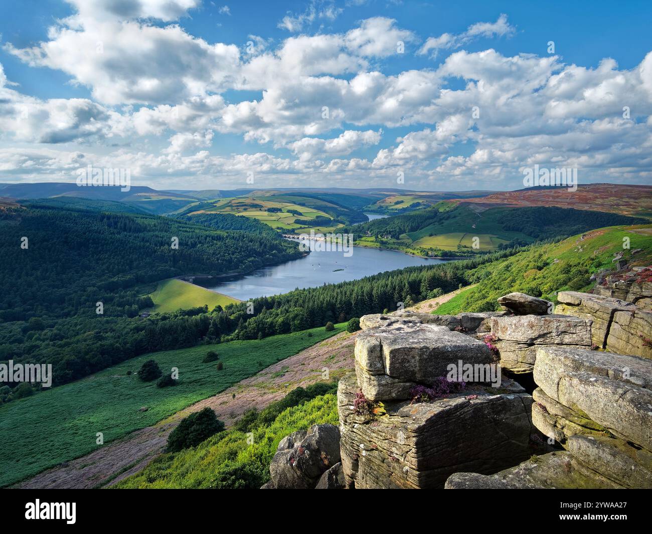 UK, Derbyshire, Peak District, Ladybower Reservoir from Bamford Edge ...