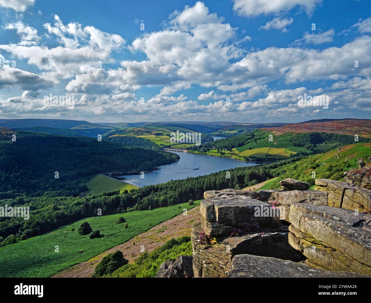 UK, Derbyshire, Peak District, Ladybower Reservoir from Bamford Edge ...