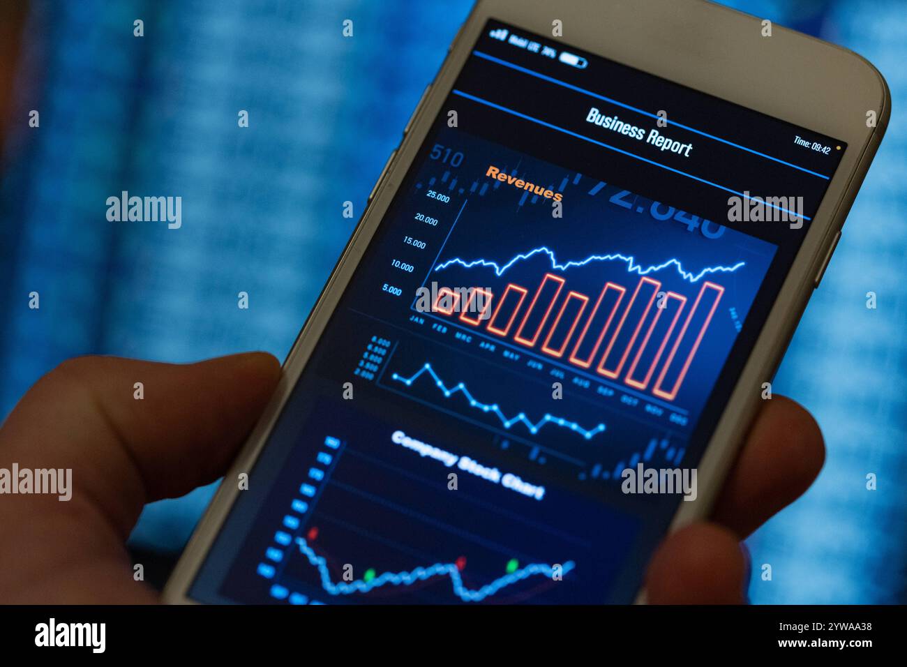 Finanacial report with rising revenue chart and buiness data on a smartphone display. Finanacial ...