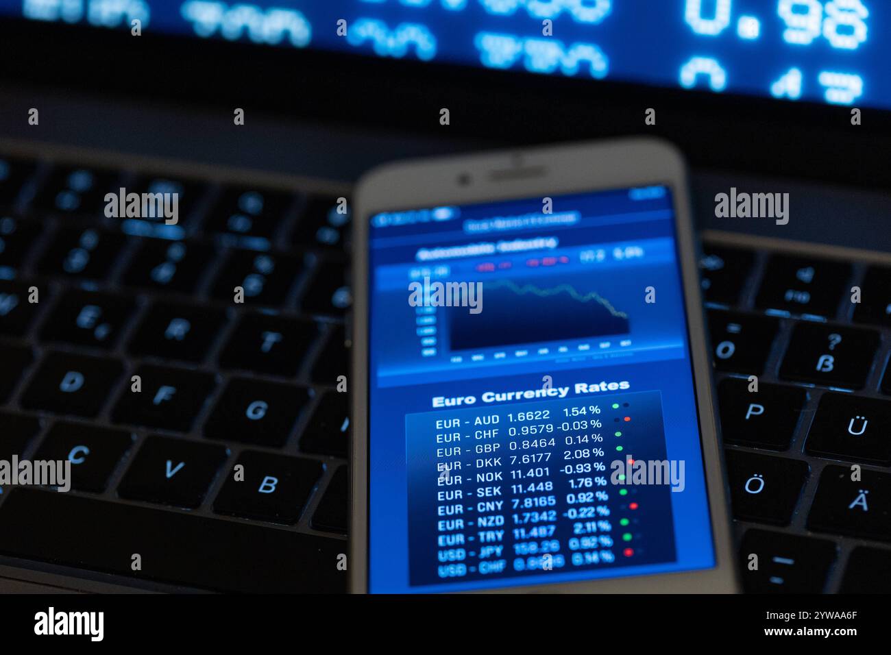 Smartphone with currency exchange rates like Euro, US dollar, British ...