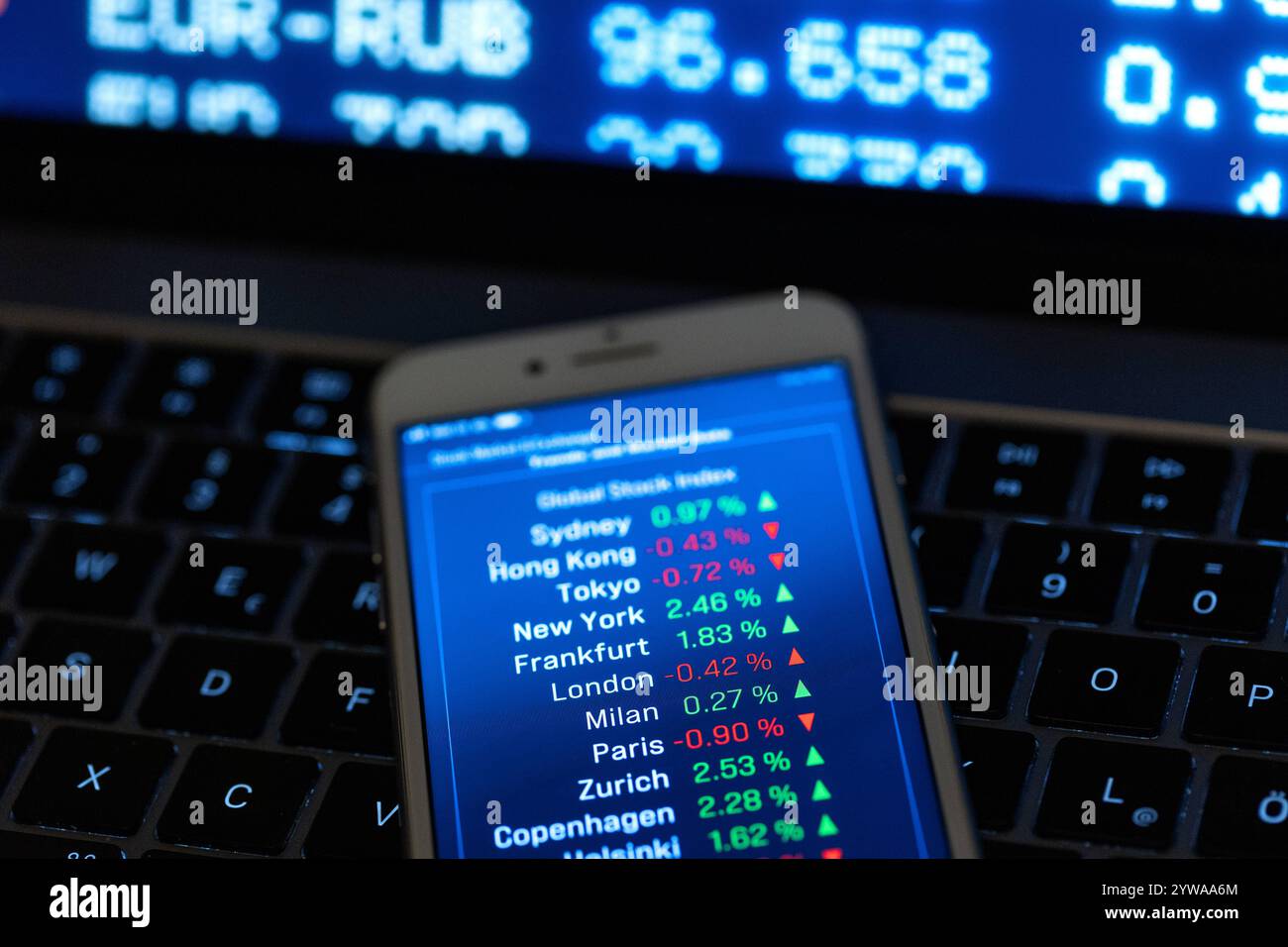 The smartphone is placed on the keyboard of a laptop and displays ...