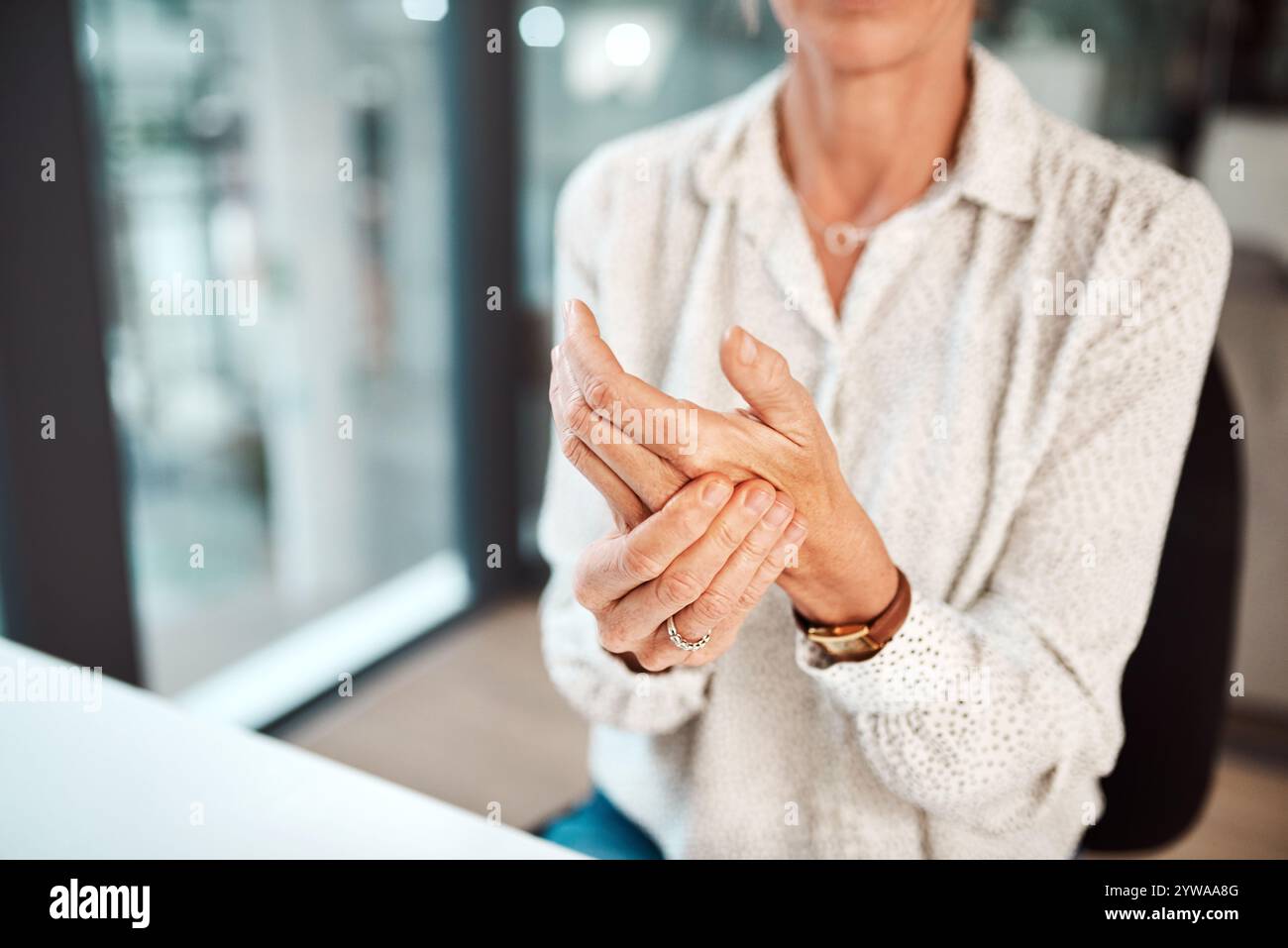 Hands, injury and woman for wrist pain in office, orthopedic accident ...