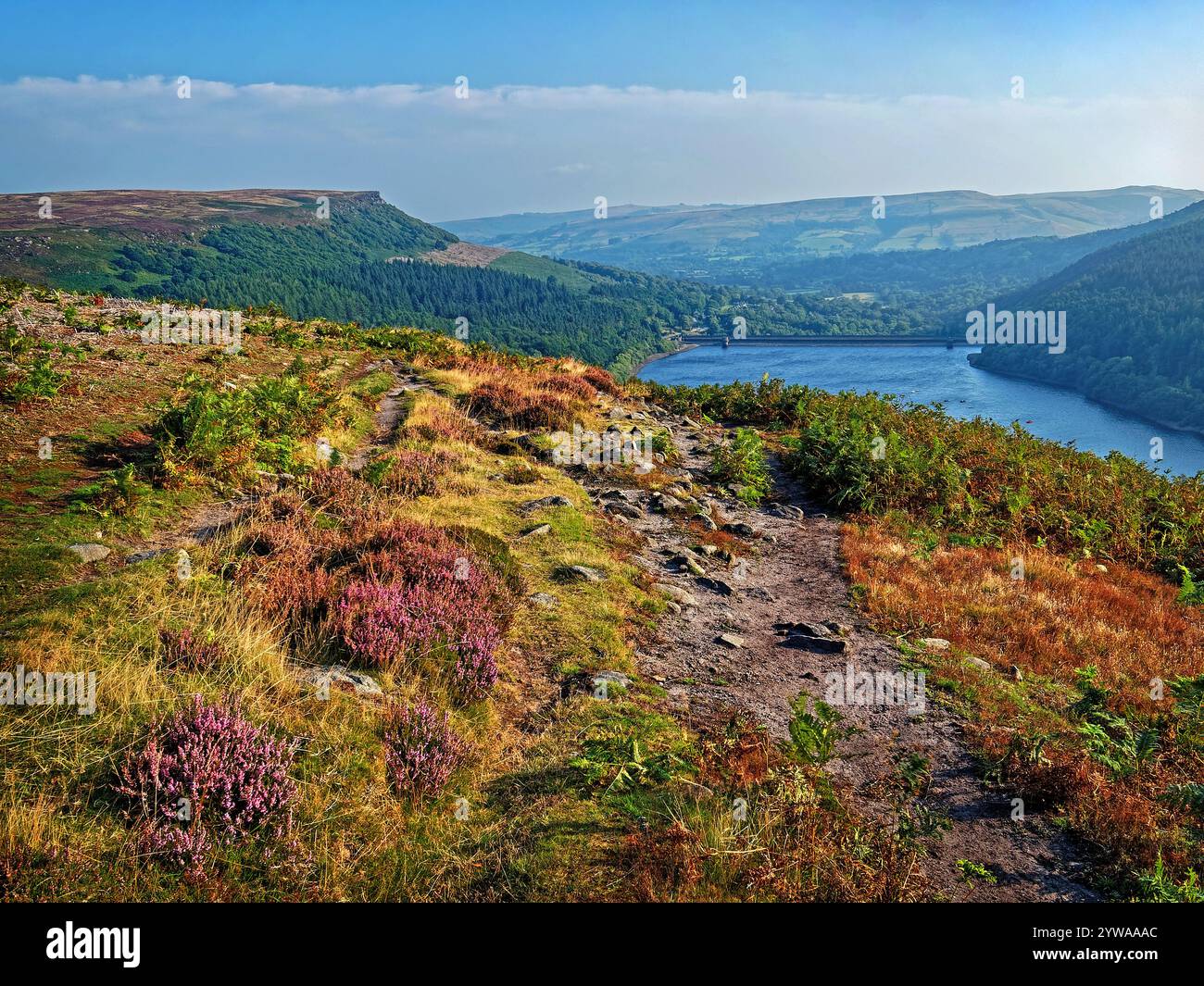 UK, Derbyshire, Peak District, Ladybower Reservoir and Bamford Edge ...