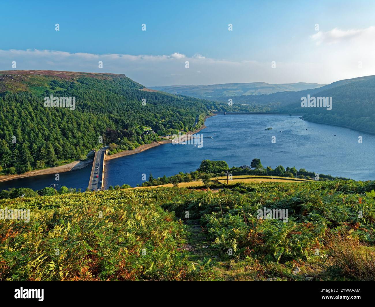 UK, Derbyshire, Peak District, Ladybower Reservoir and Bamford Edge ...