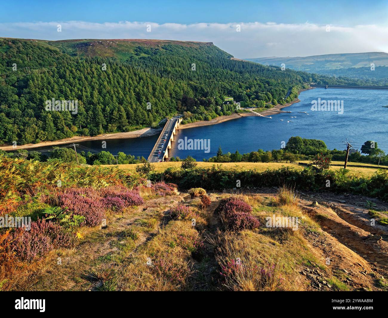 UK, Derbyshire, Peak District, Ladybower Reservoir and Bamford Edge ...