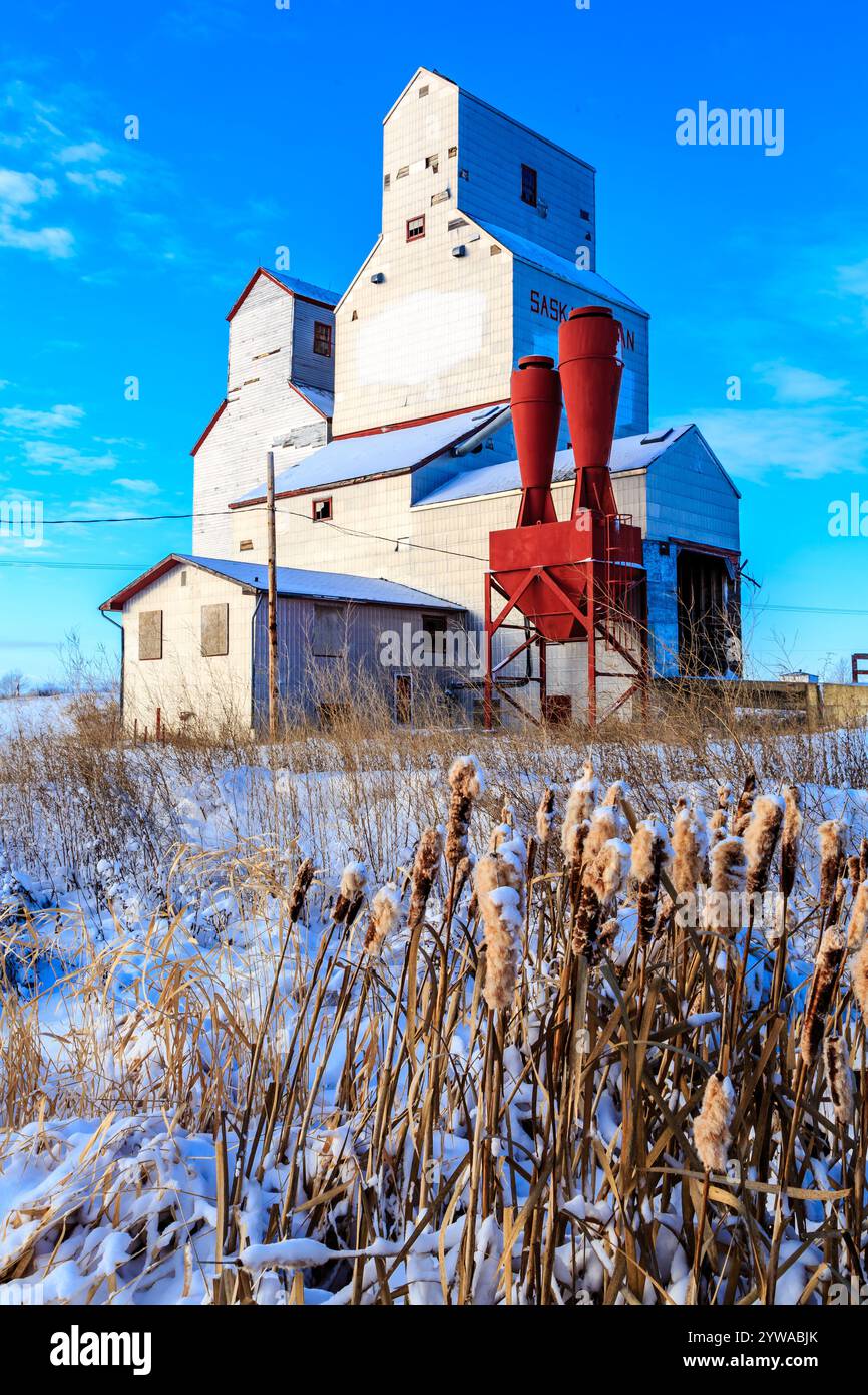 A large white building with red accents sits in a field of tall grass ...