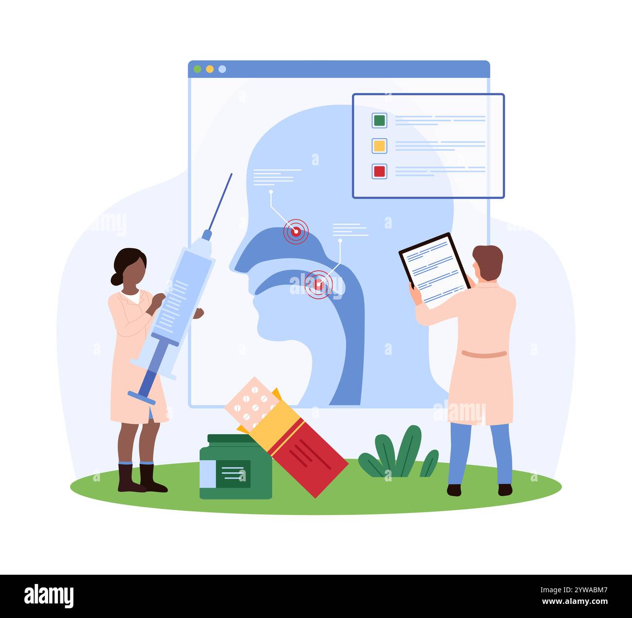 Otolaryngologists examine a throat x-ray using an oversized syringe and ...